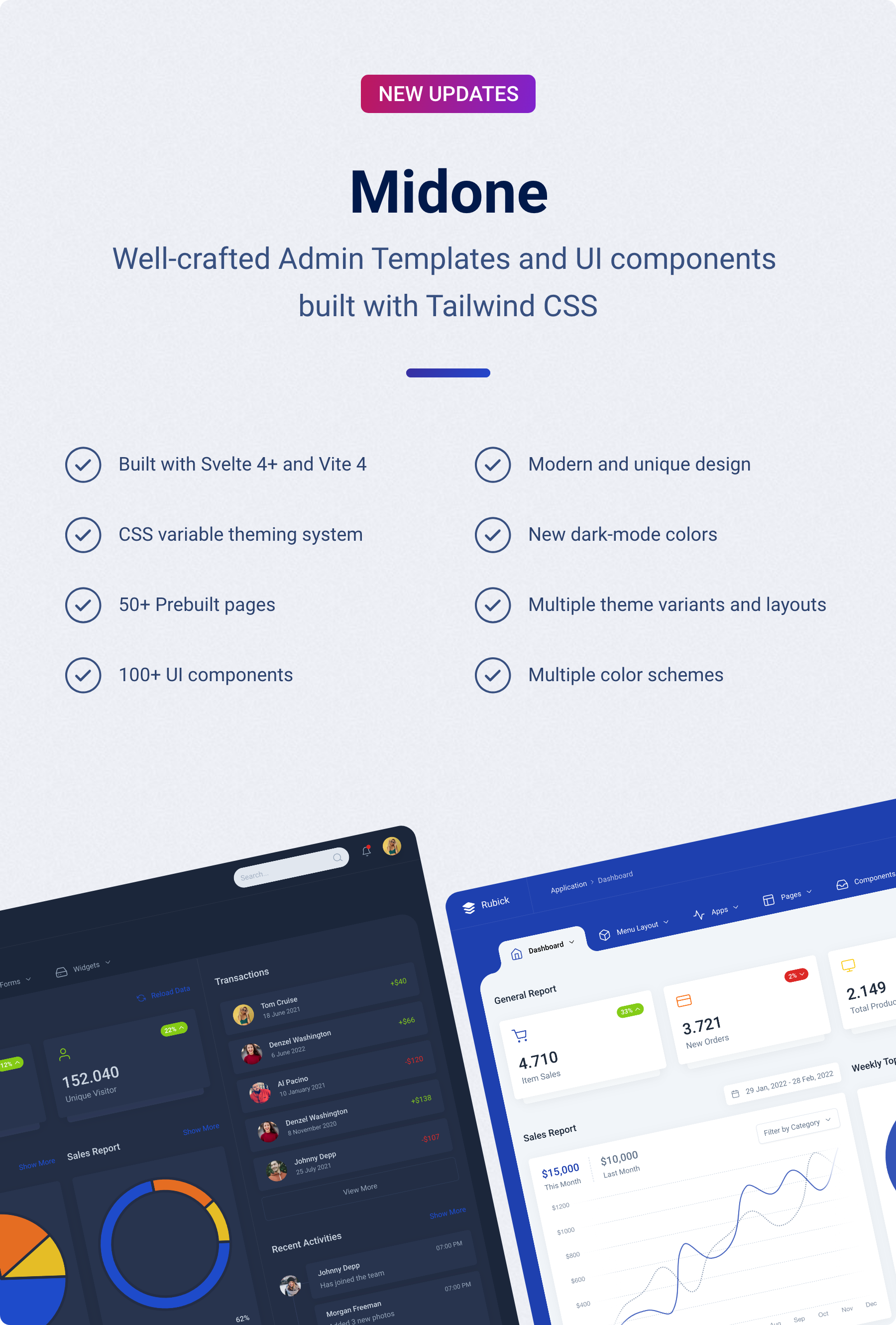 Midone - Tailwind CSS Svelte 4 Admin Dashboard Template + HTML Version | Graphicfort